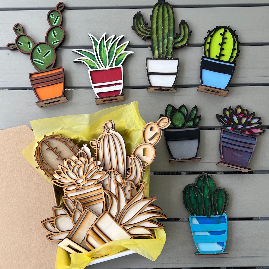 DIY Succulents & Cacti Paint Set: Baltic Birch Cactus Decor - Etsy