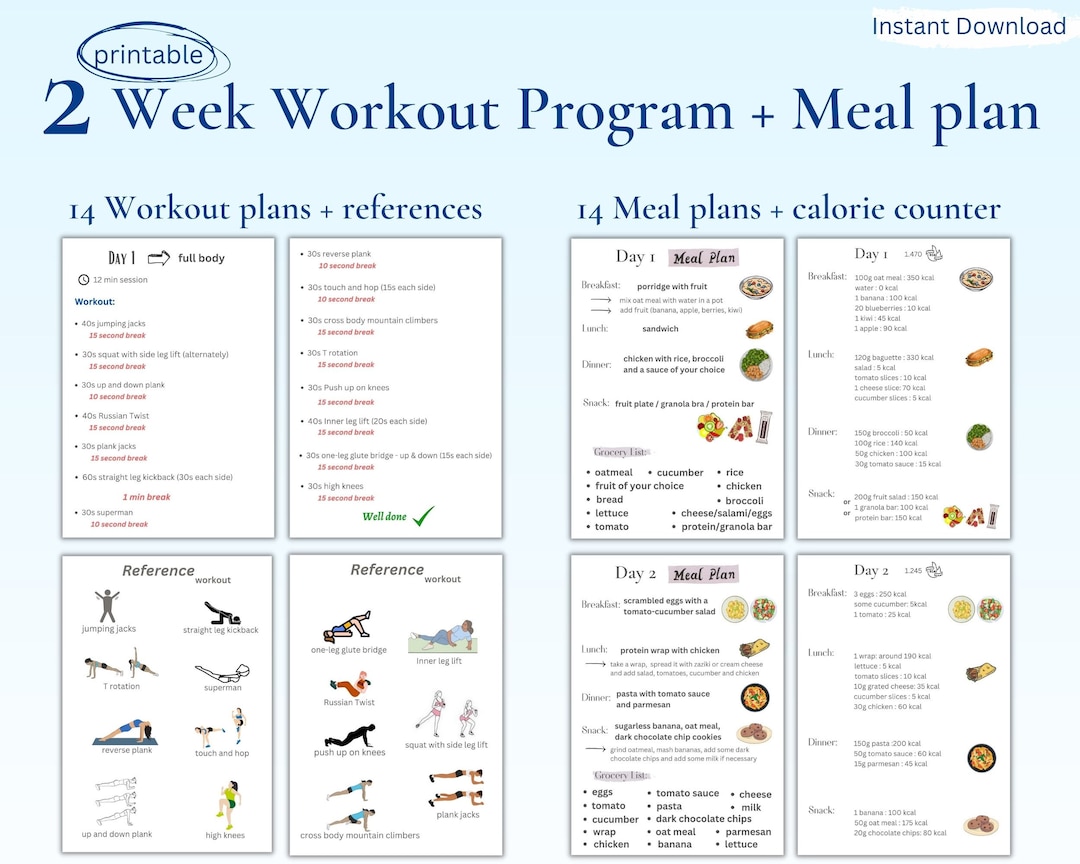 2 Week Workout Programm 2 Week Meal Plan. Printable Health and Fitness ...