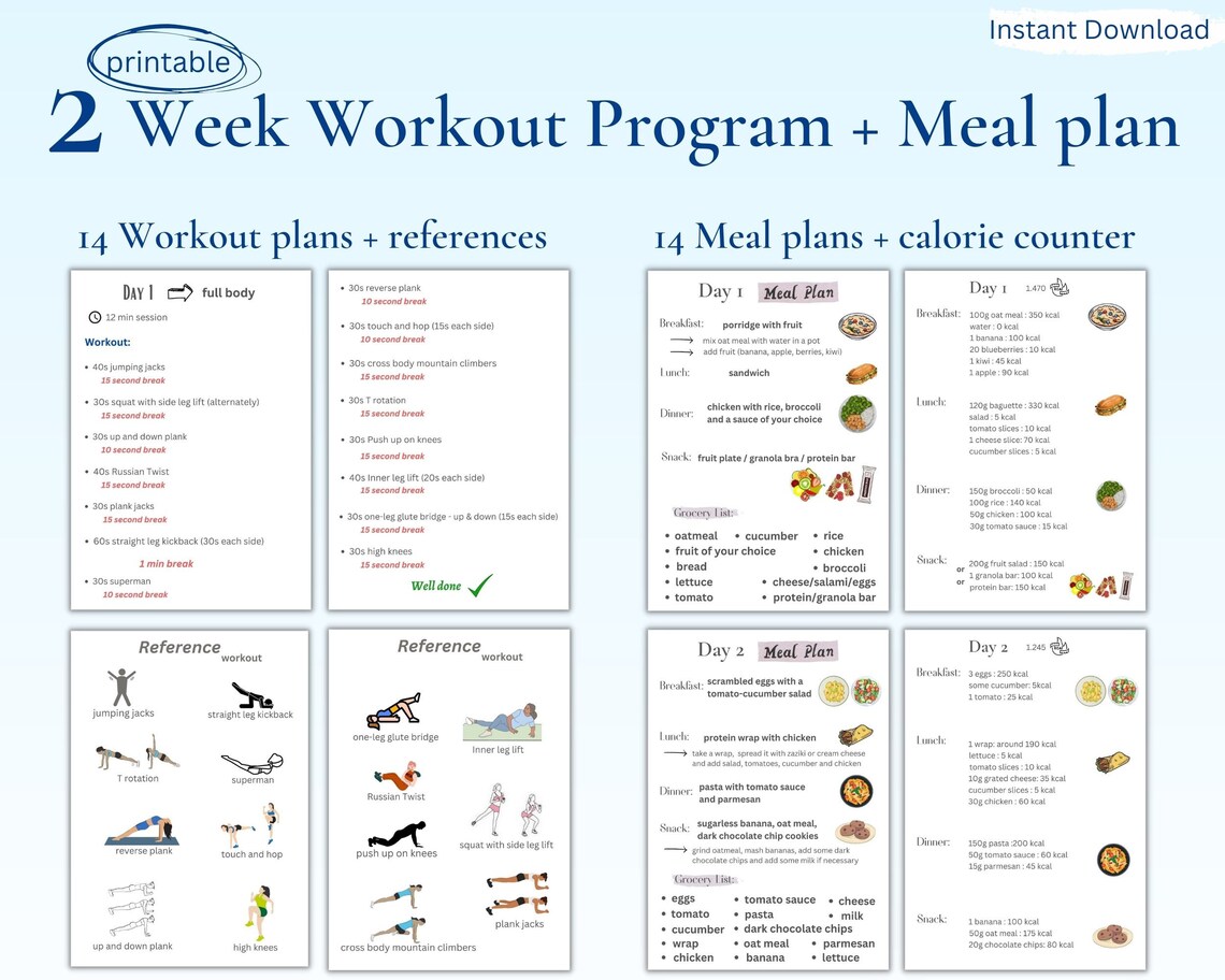 2 Week Workout Programm 2 Week Meal Plan. Printable Health - Etsy Canada