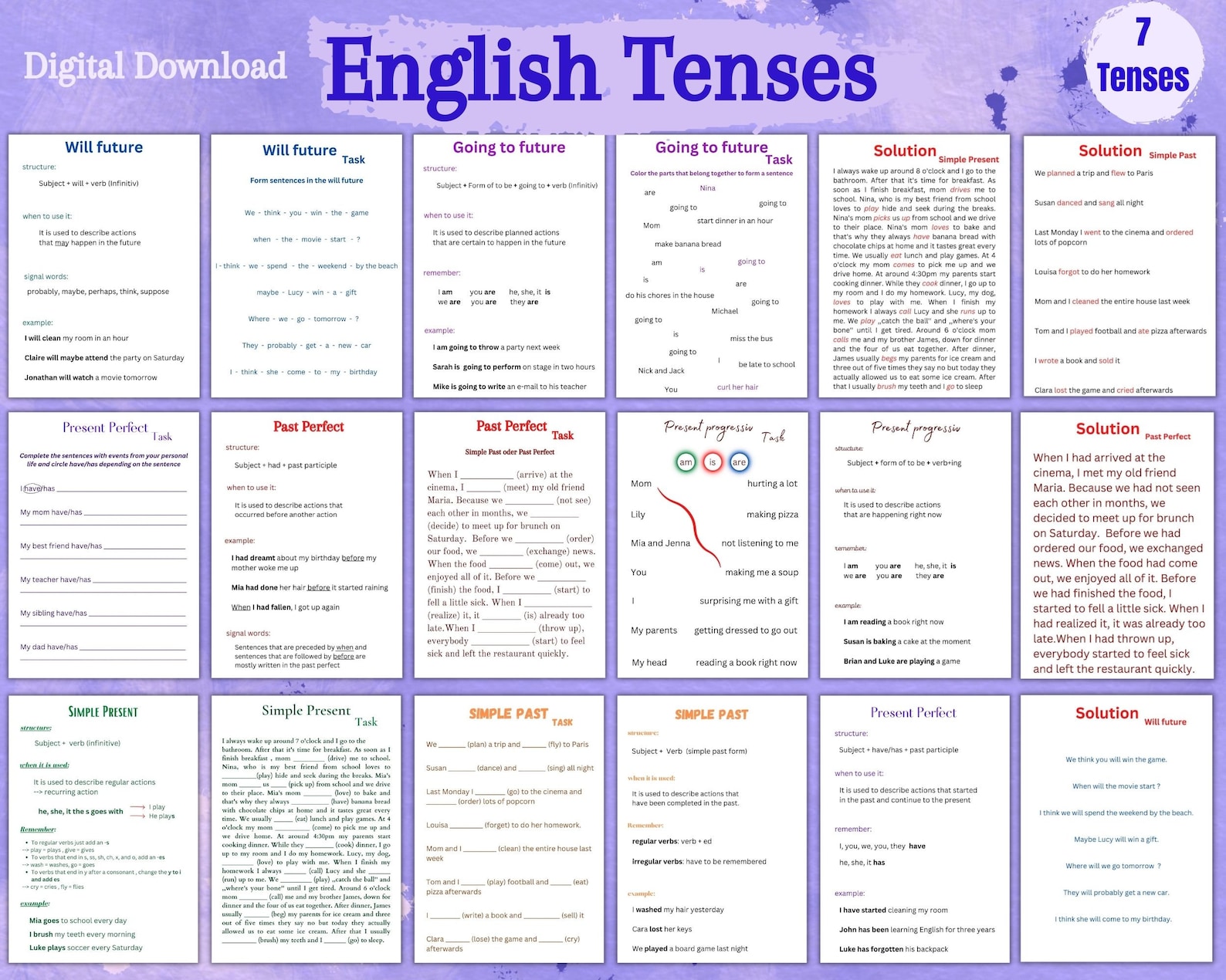 English Tenses. Back to School Printable Learning Sheets With ...