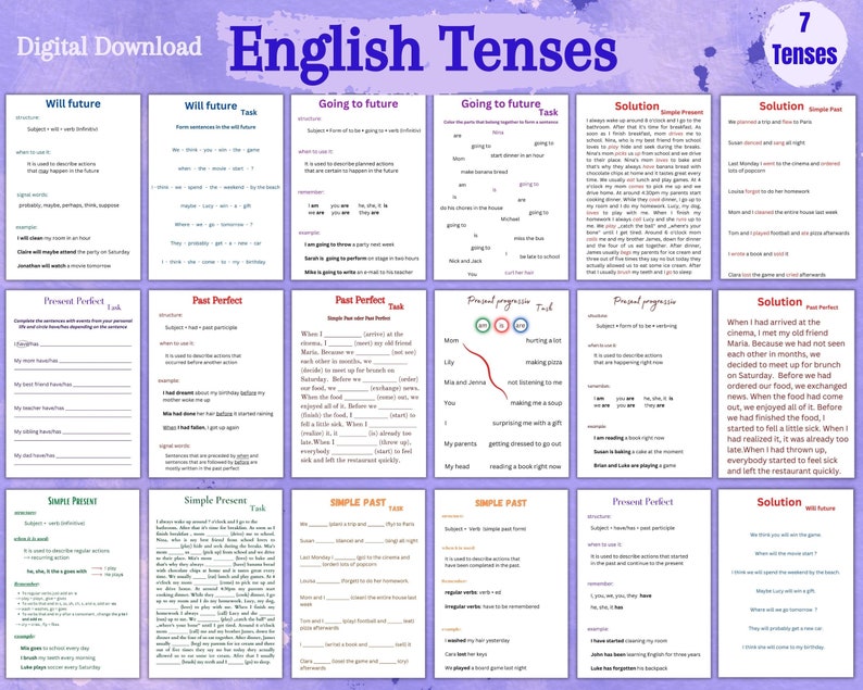 English Tenses. Back to School Printable Learning Sheets With ...