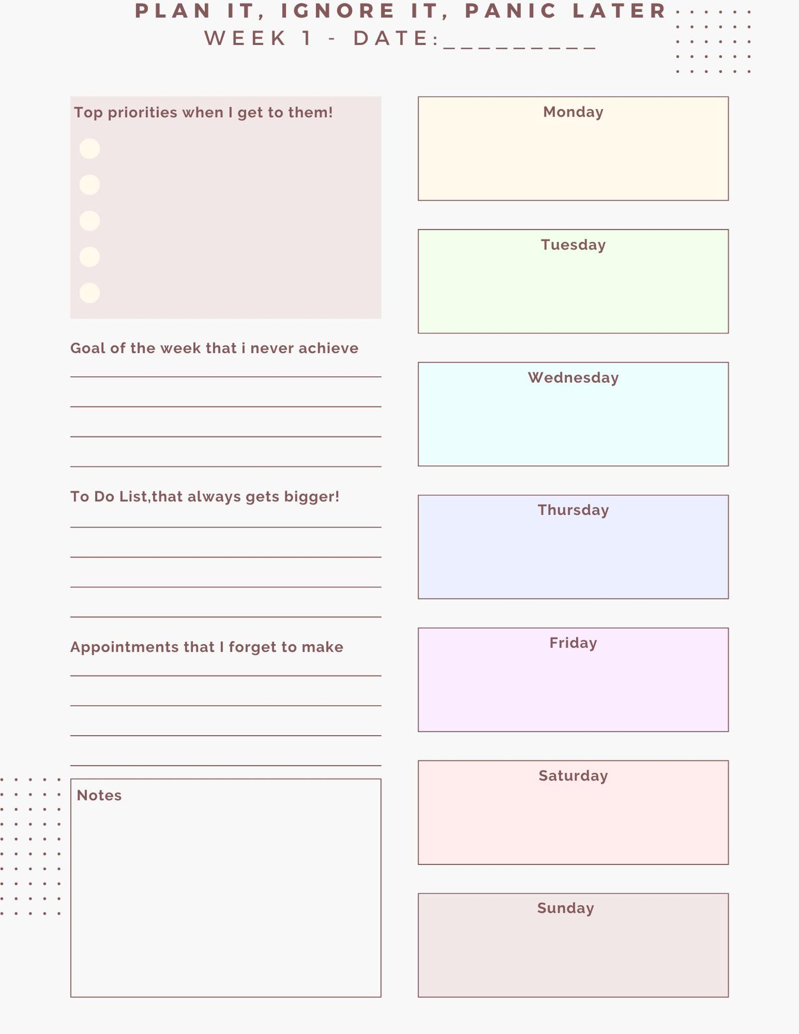 Snarky Weekly Planner: Plan It. Ignore It. Panic Later. (printable PDF ...