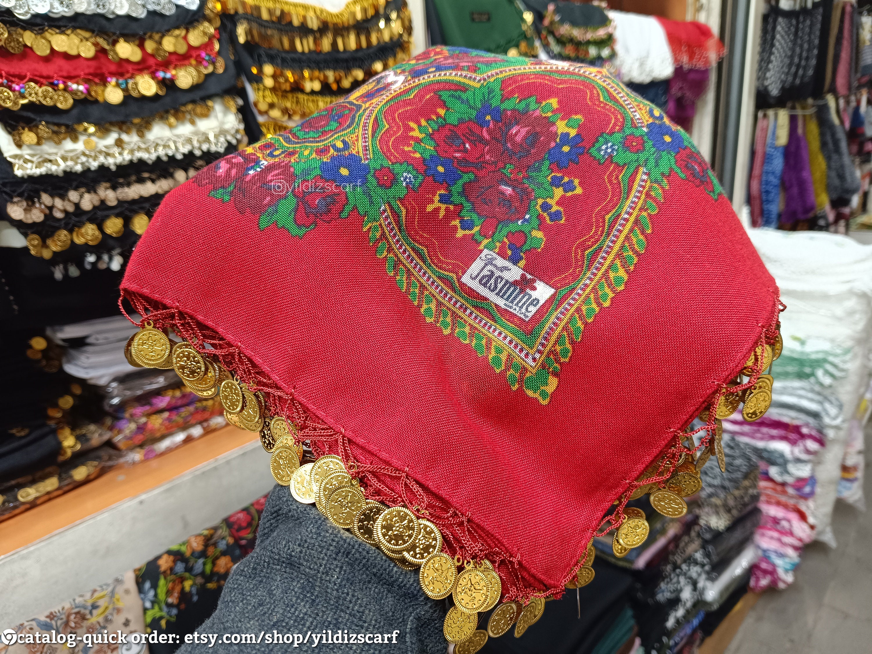 Anatolian / Kurdish, Floral Pattern Sequin Red Scarf, Handmade Scarf ...