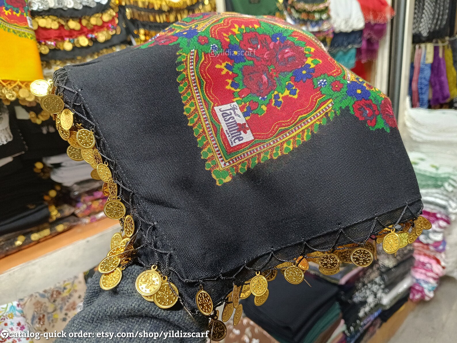 Anatolian / Kurdish, Floral Pattern Sequin Black Scarf, Handmade Scarf ...