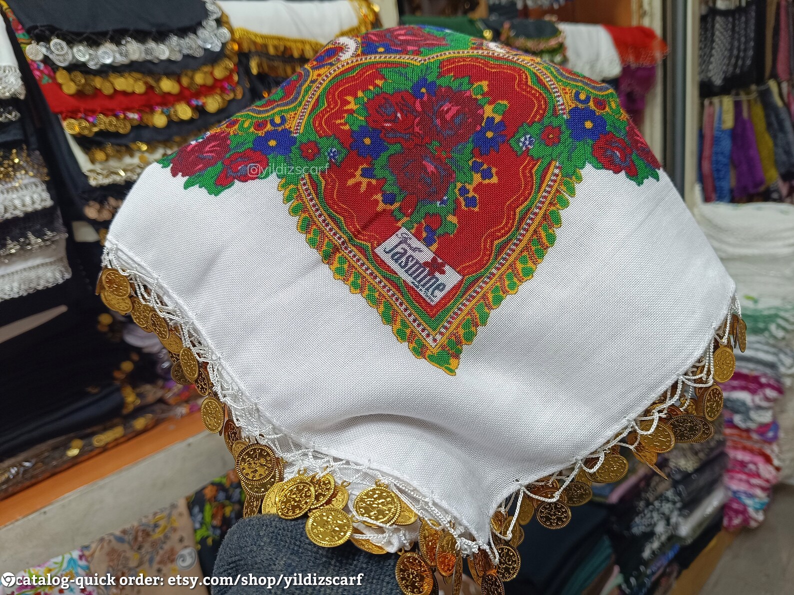 Anatolian / Kurdish, Floral Pattern Sequin White Scarf, Handmade Scarf ...