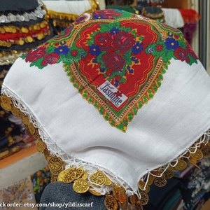 Anatolian / Kurdish, Floral Pattern Sequin White Scarf, Handmade Scarf ...