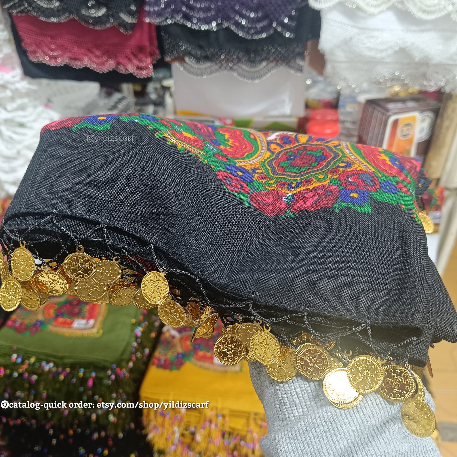 Anatolian / Kurdish, Floral Pattern Sequin Black Scarf, Handmade Scarf ...