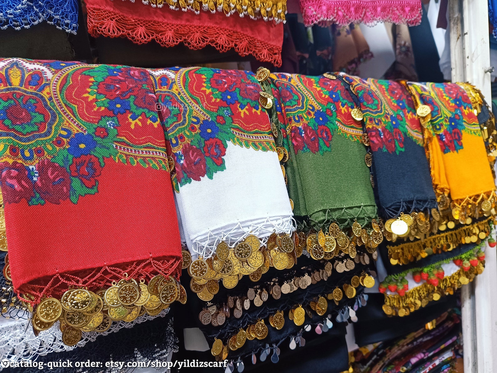 Anatolian / Kurdish, Floral Pattern Sequin Red Scarf, Handmade Scarf ...