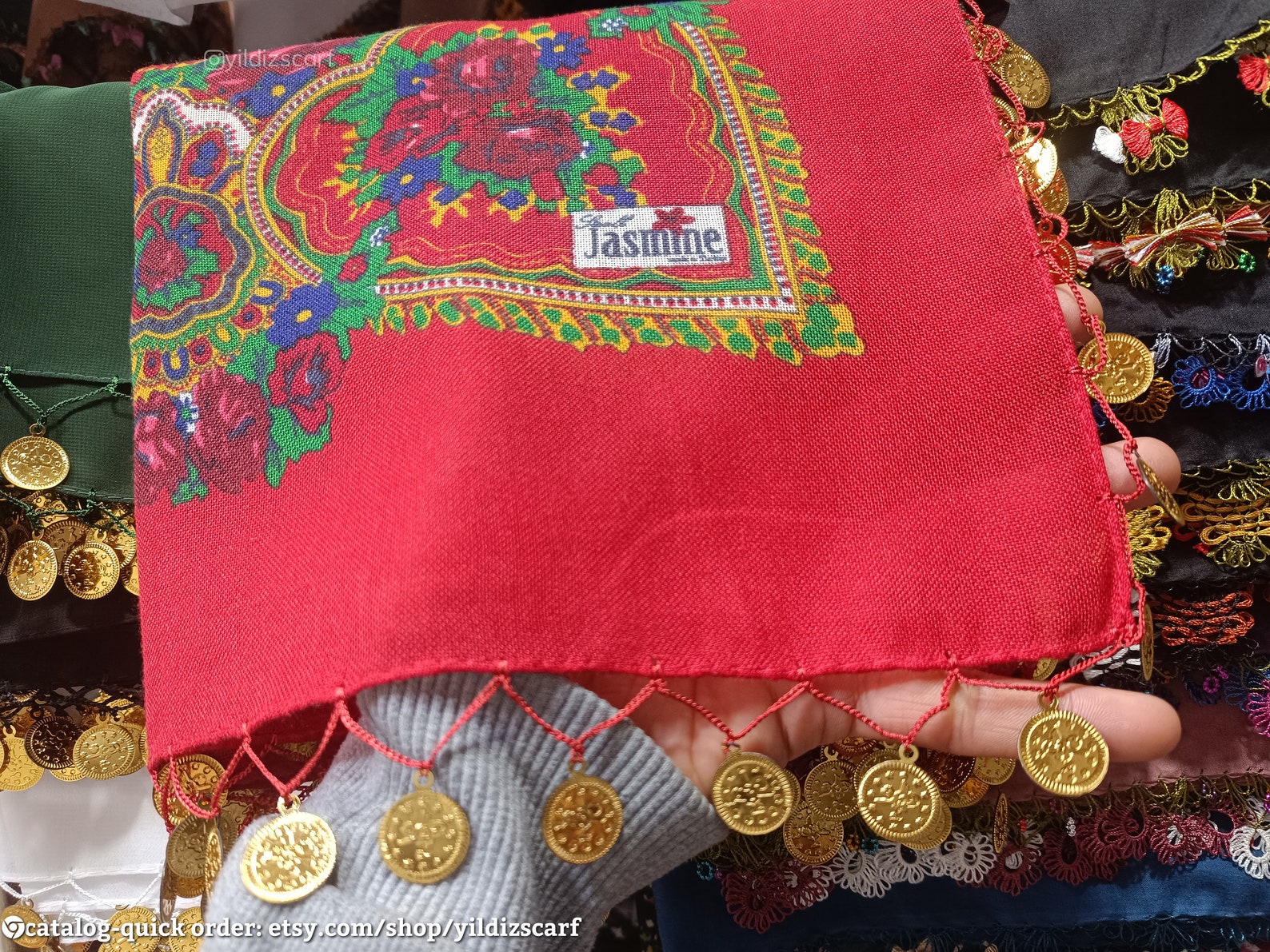 Anatolian / Kurdish, Floral Pattern Sequin Red Scarf, Handmade Scarf ...