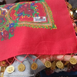 Anatolian / Kurdish, Floral Pattern Sequin Red Scarf, Handmade Scarf ...