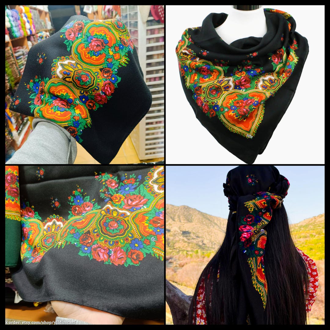 KURDİSH SCARF • Black Kurdish Fashion Scarf • Kurdish Floral Scarf ...