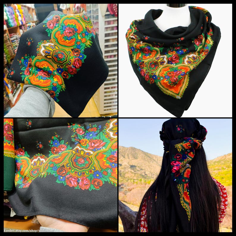 Kurdish Floral Scarf • Black Ethnic Shawl • Boho Folk Style - Etsy