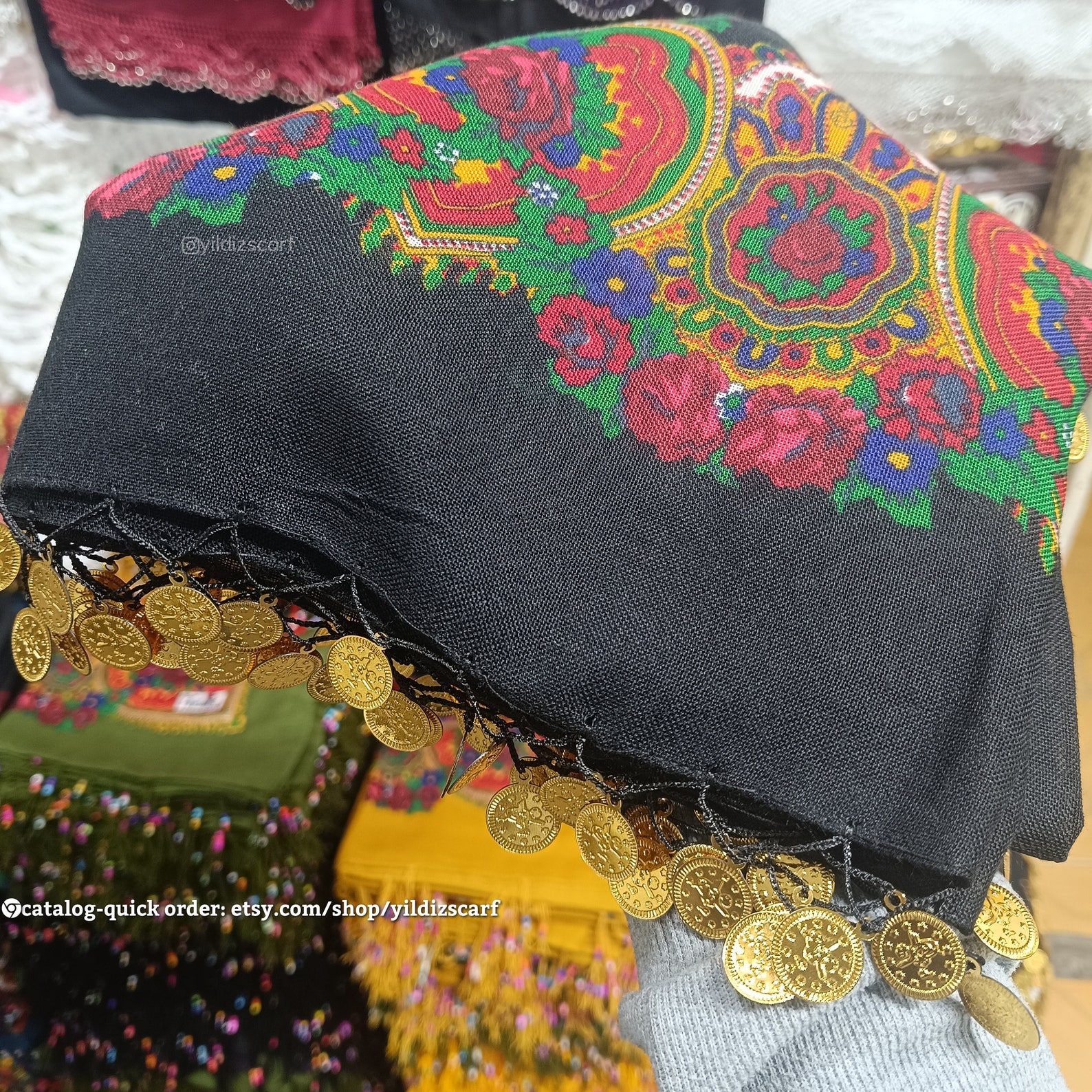 Anatolian / Kurdish, Floral Pattern Sequin Black Scarf, Handmade Scarf ...