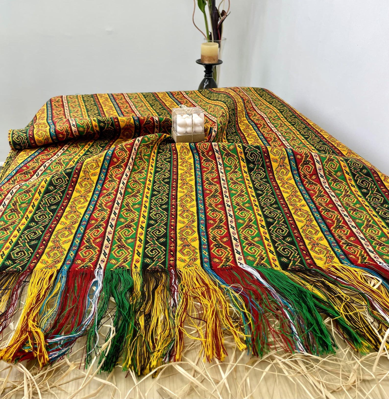 Kurdish Hand-woven • Ethnic Pattern Tablecloth • Kilim Woven Fringed ...