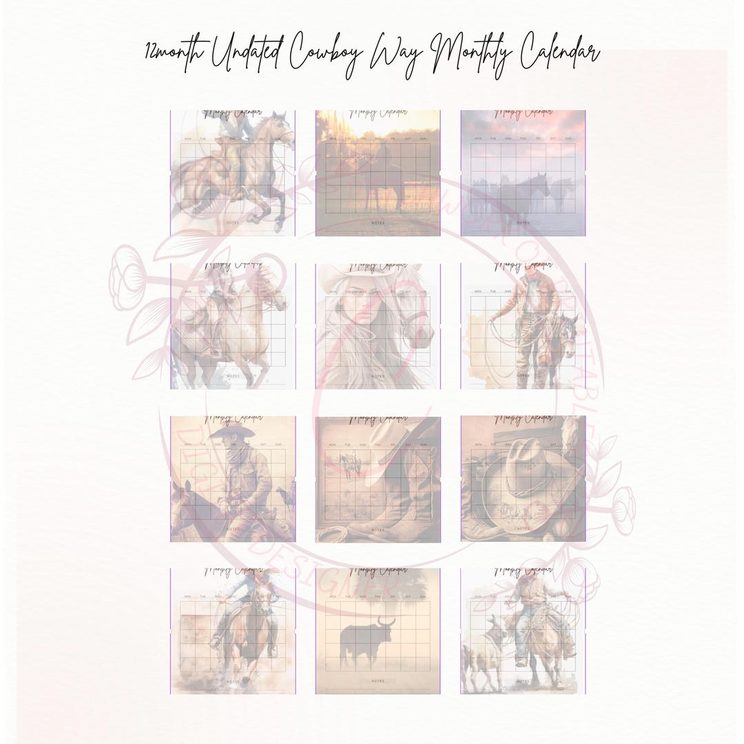 Cowboy Way Undated Monthly Calendar: Printable Note Section (PDF/JPEG ...