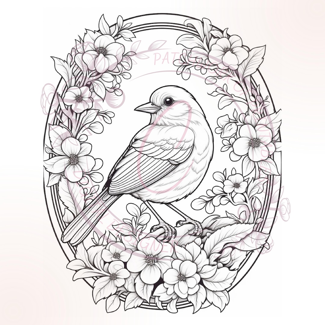 Bird and Flower Frame Coloring Page/poster: Detailed Printable (PDF ...