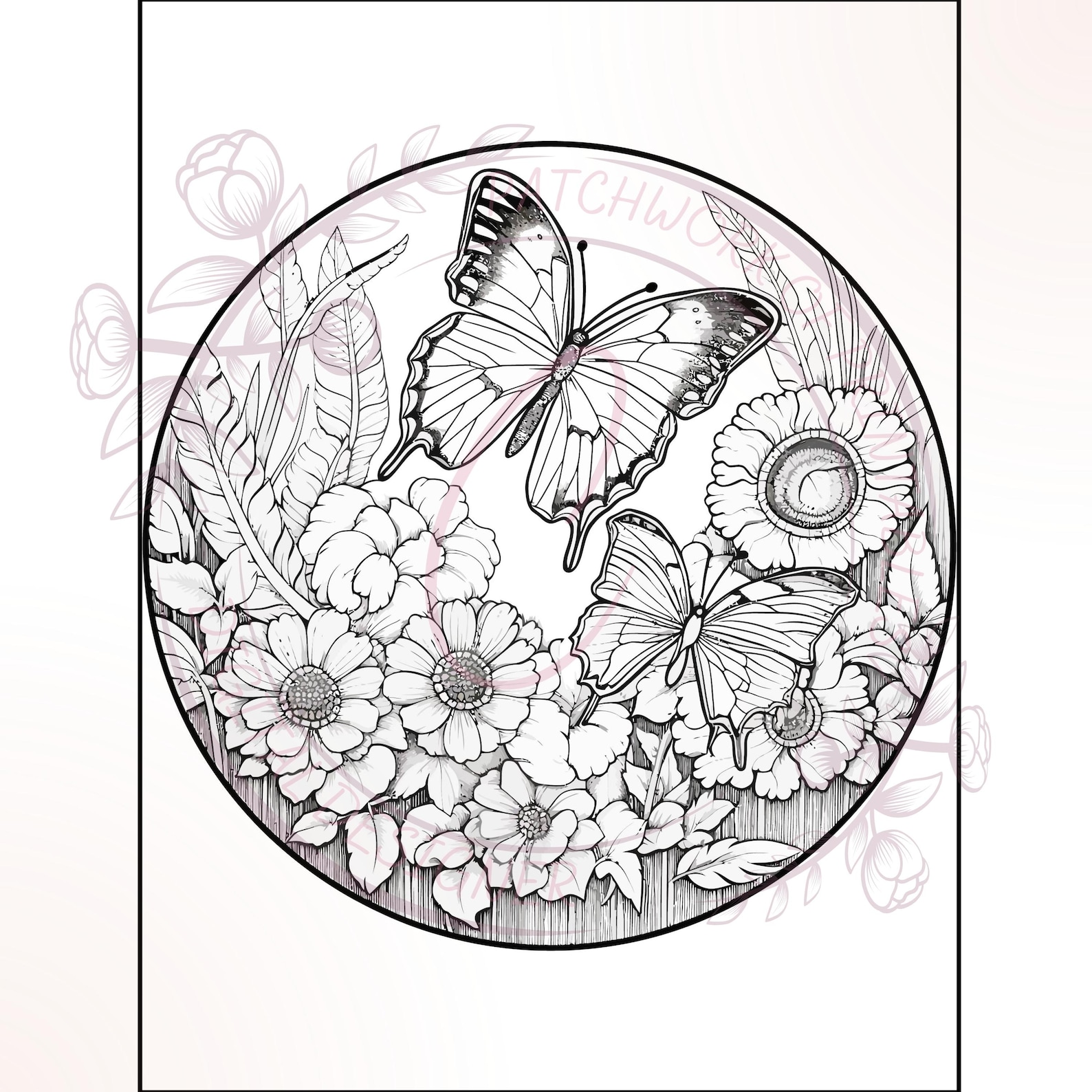 Butterfly and Flowers Coloring Page: Printable Jpeg & PDF (instant ...