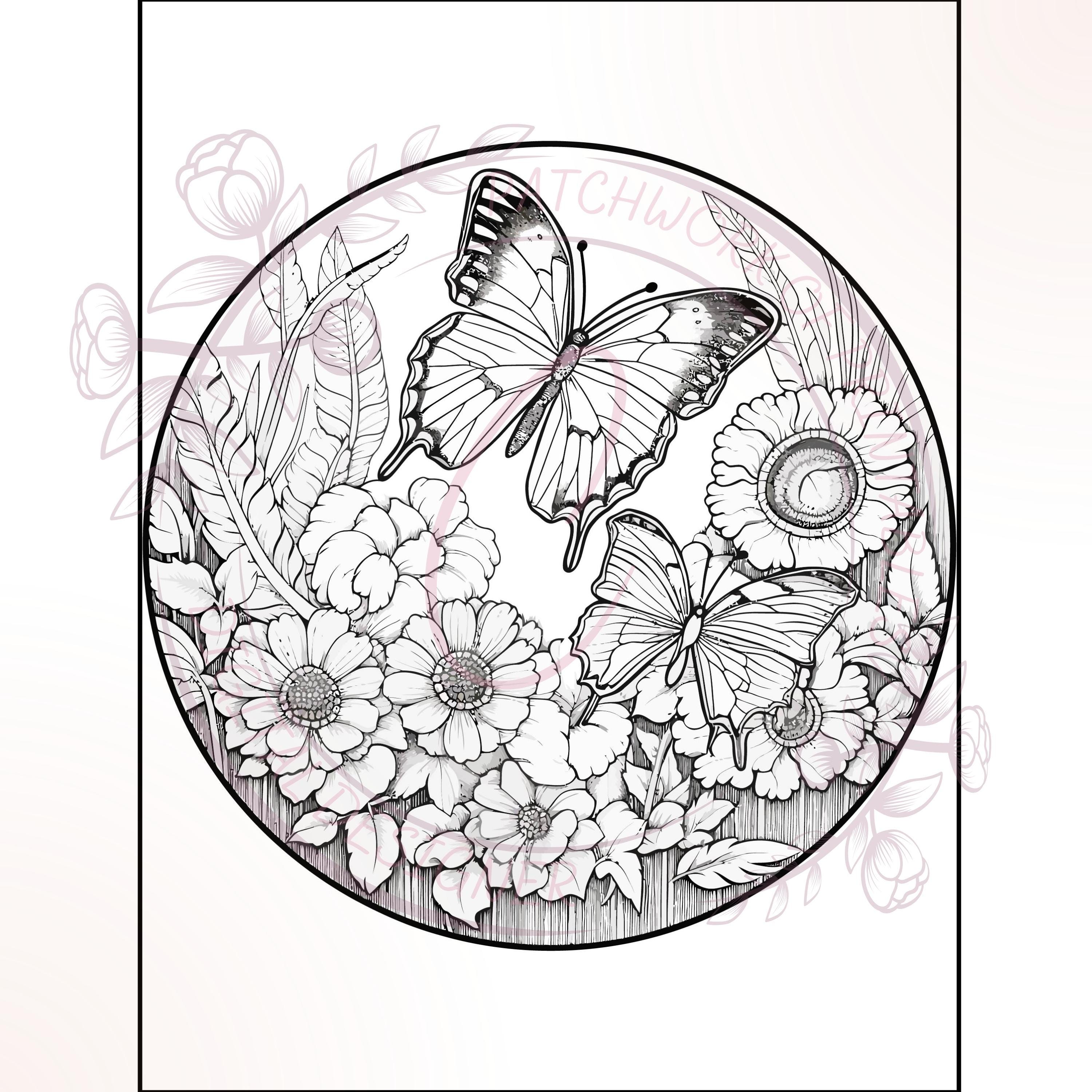 Butterfly and Flowers Coloring Page: Printable Jpeg & PDF (instant ...