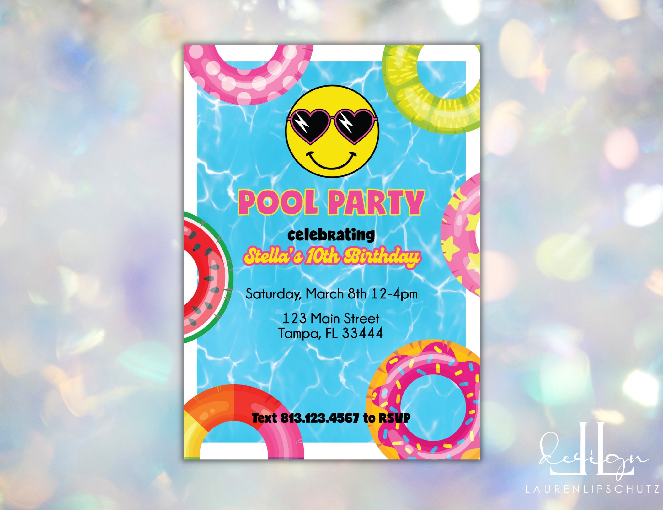 Smiley Face Preppy Pool Party Invitation, Pool Party Printable Invite ...