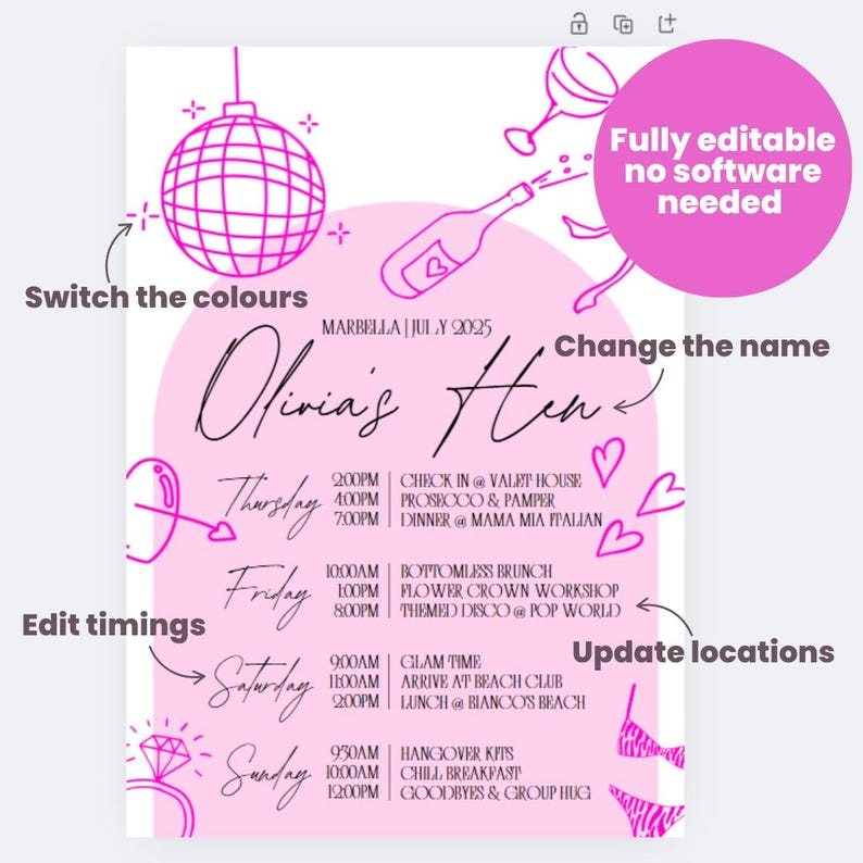 Hen Party Itinerary Canva Template | Editable A5 Weekend Schedule ...