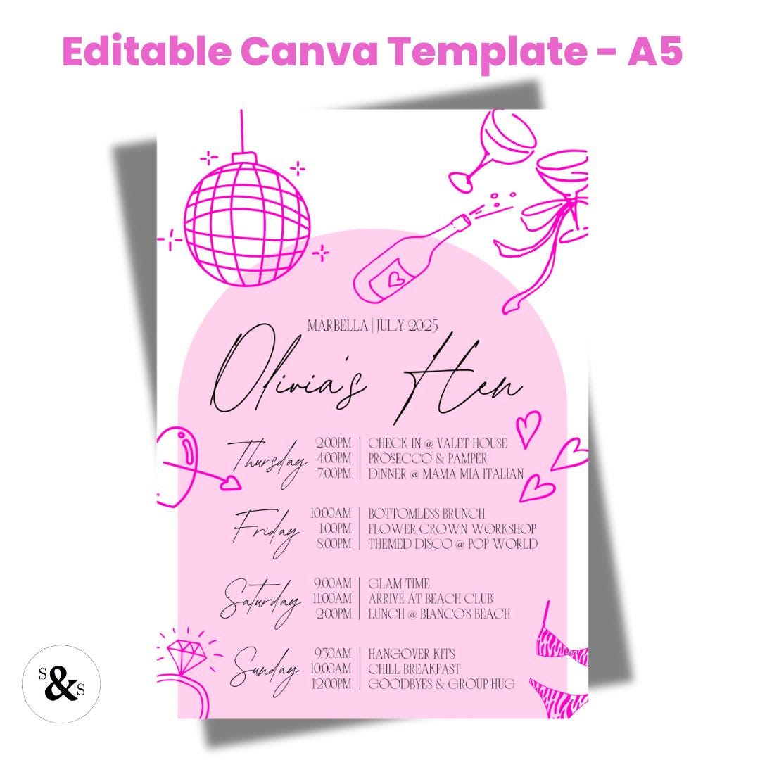 Hen Party Itinerary Canva Template | Editable A5 Weekend Schedule ...