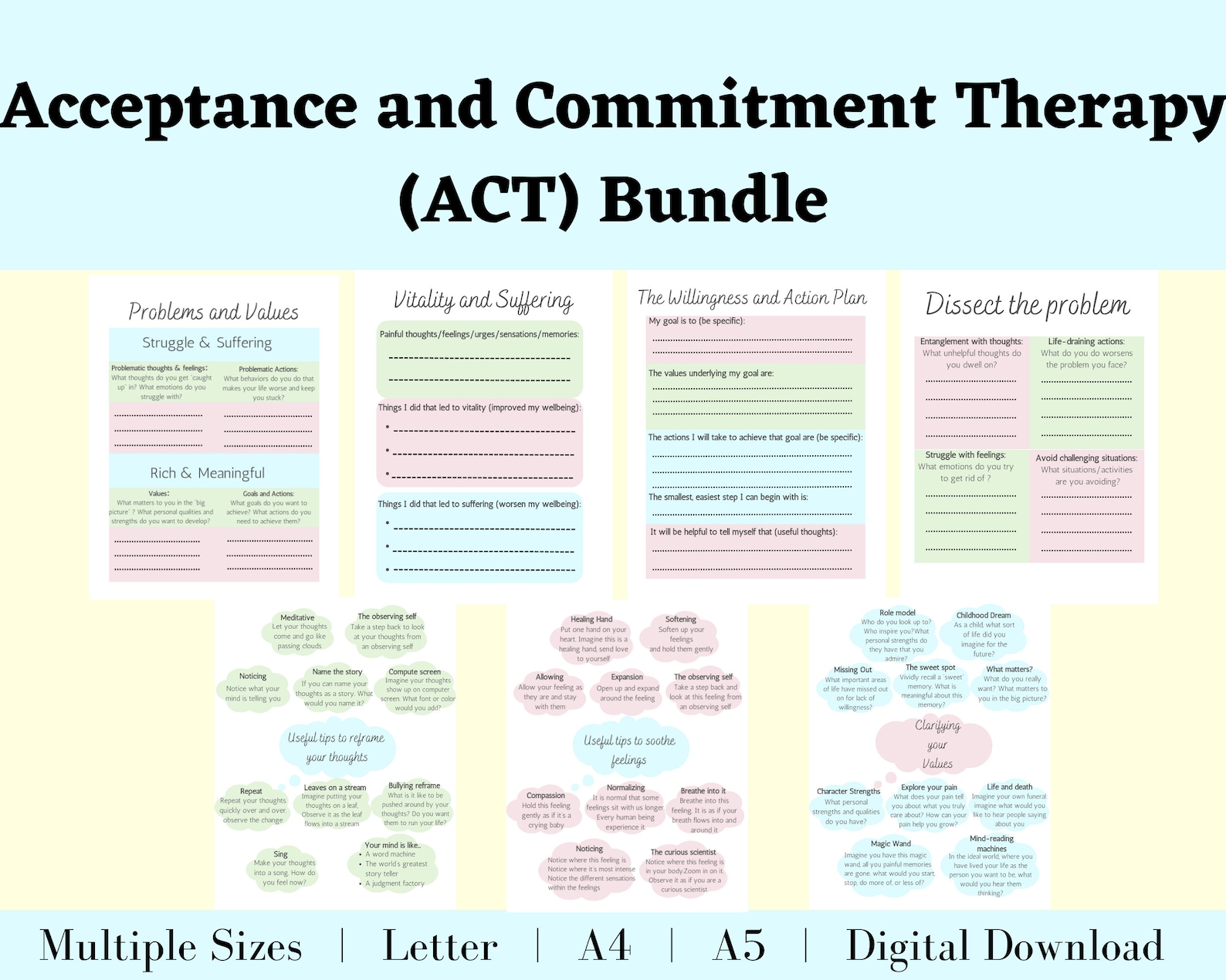 ACT Therapy| Acceptance and Commitment Therapy Worksheets| Printable Therapy Tools for ...