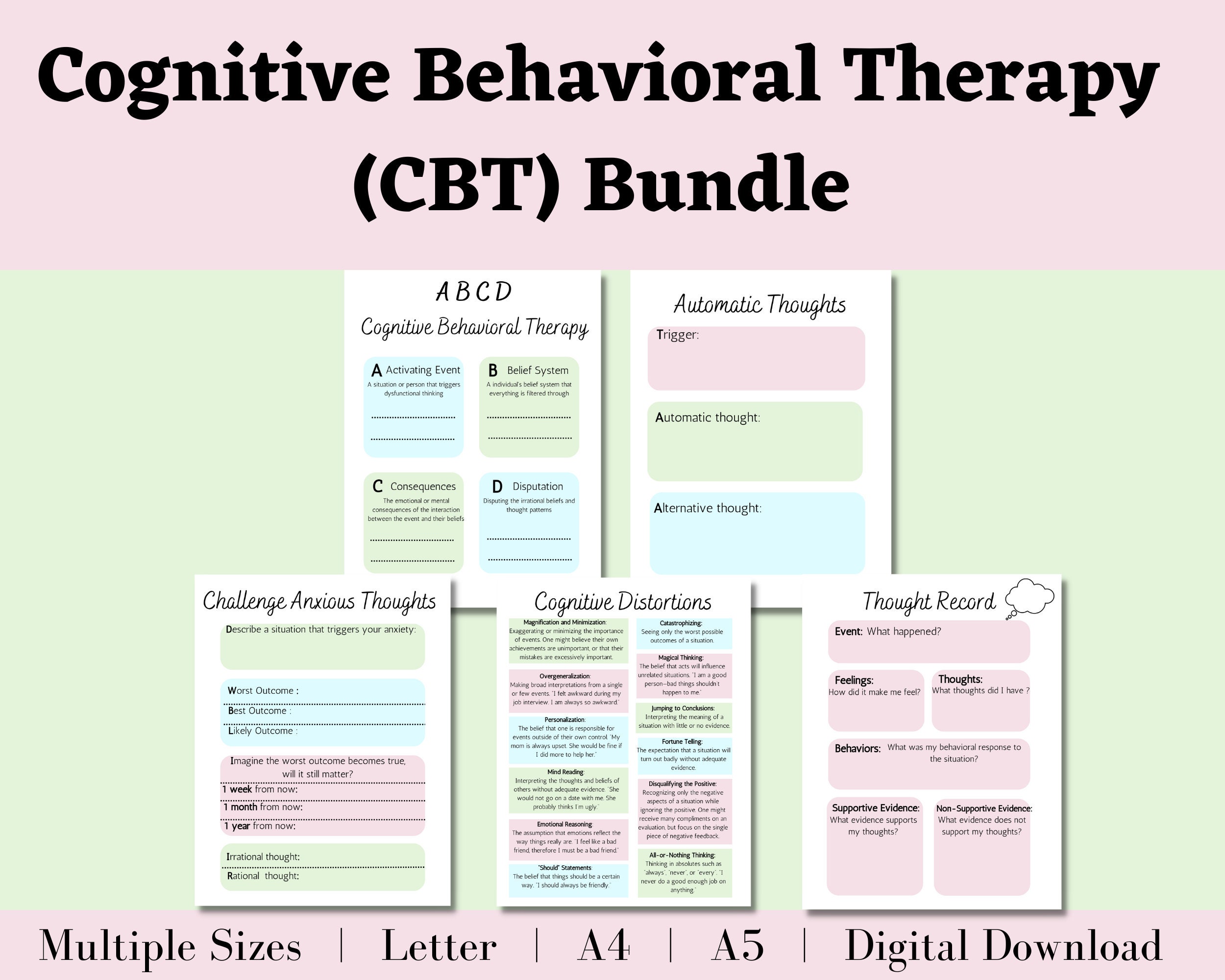 CBT Therapy Worksheet Bundle: Thought Records, Anxiety Tools (digital ...