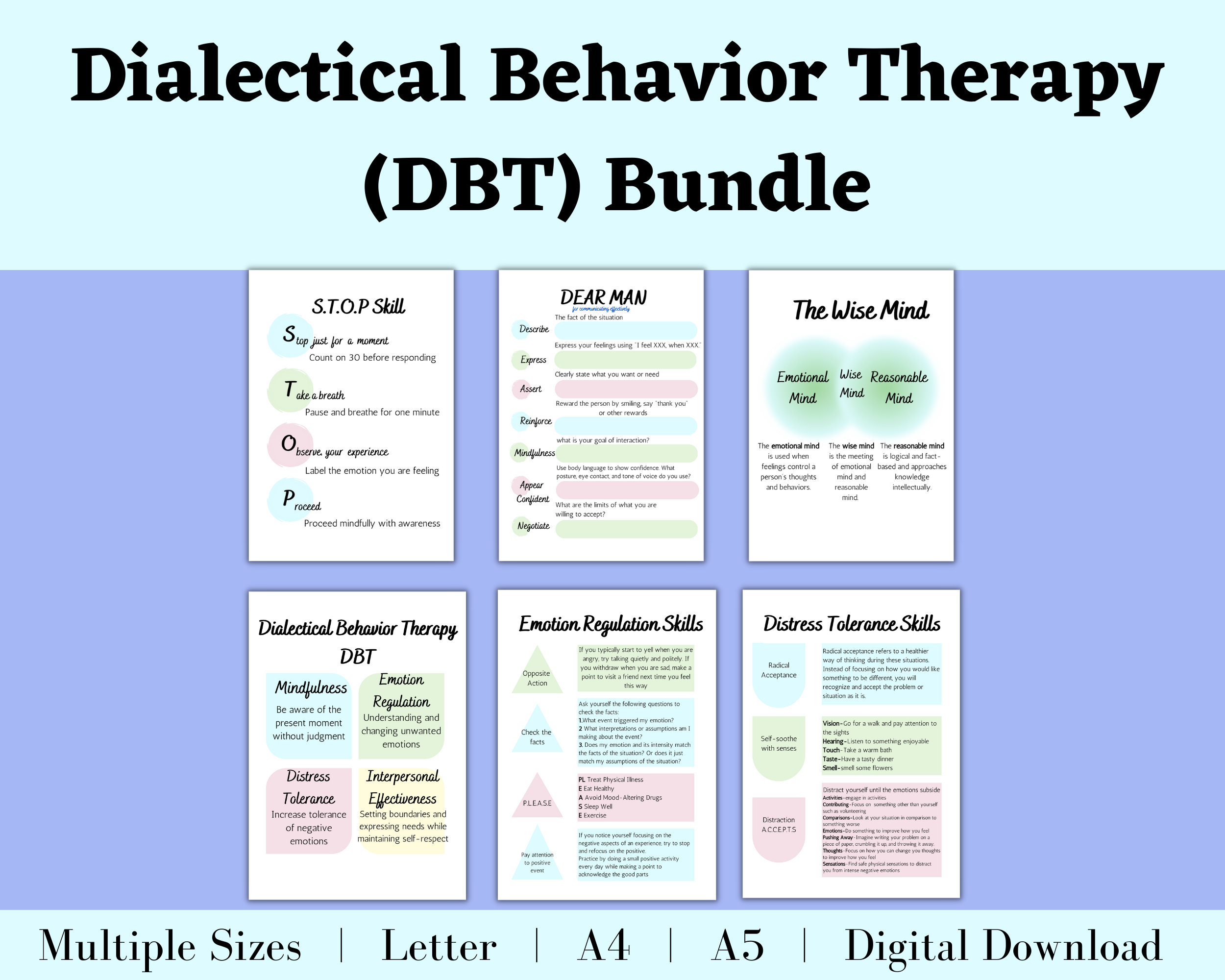 DBT Dialectical Behavior Therapy Printable Bundle｜emotion Regulation ...
