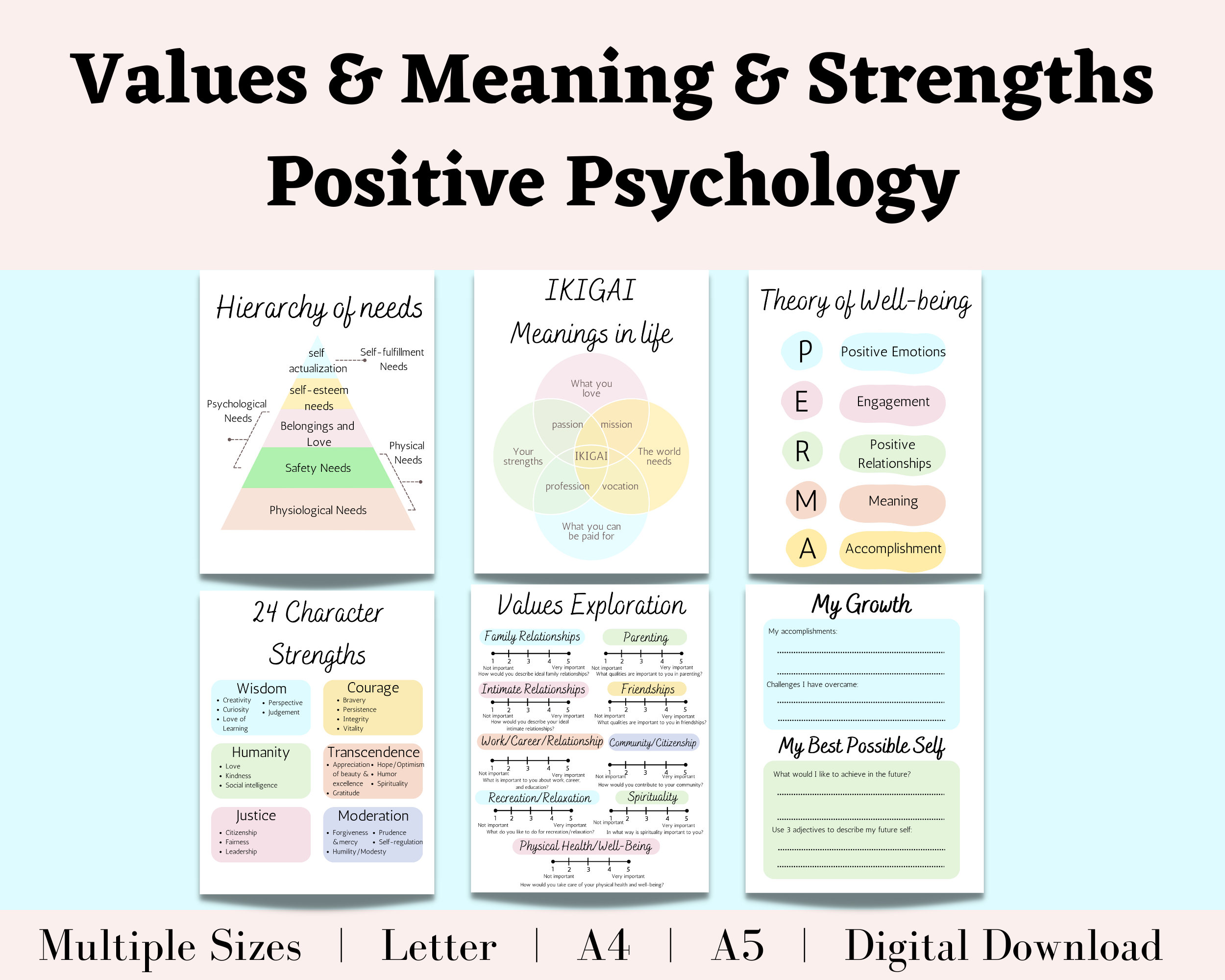 Positive Psychology Worksheet Bundle: Values, Strengths, Meaning ...