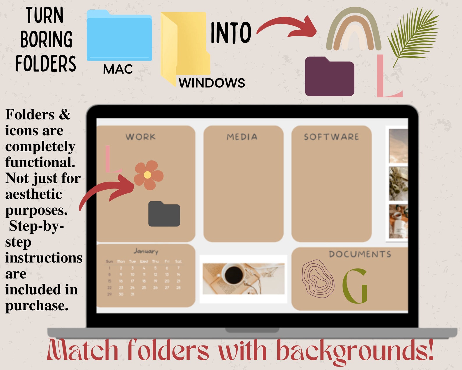 2023 Desktop Wallpaper Organizers + Folder Icons, EDITABLE Templates in ...