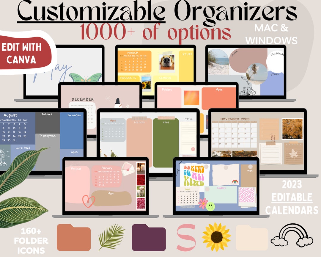 2023 Desktop Wallpaper Organizers + Folder Icons, EDITABLE Templates in ...