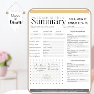 Real Estate Transaction Summary Template: Realtor Marketing (canva ...
