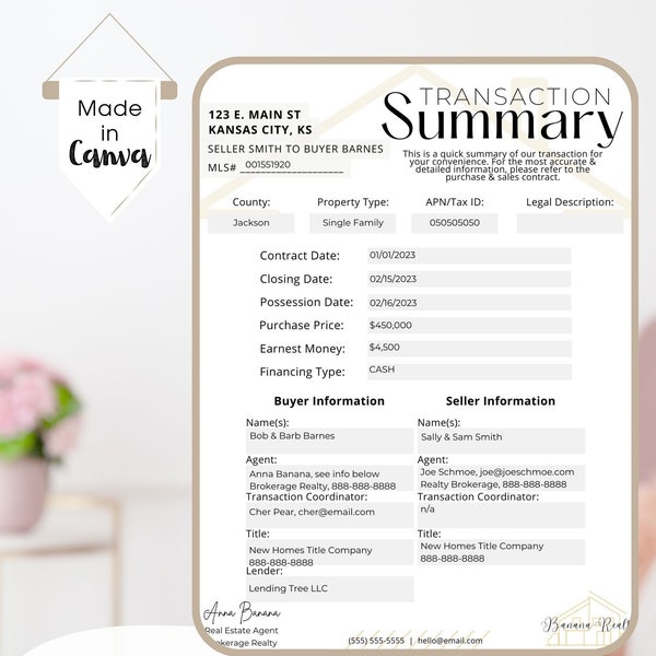 Transaction Summary Template - Etsy