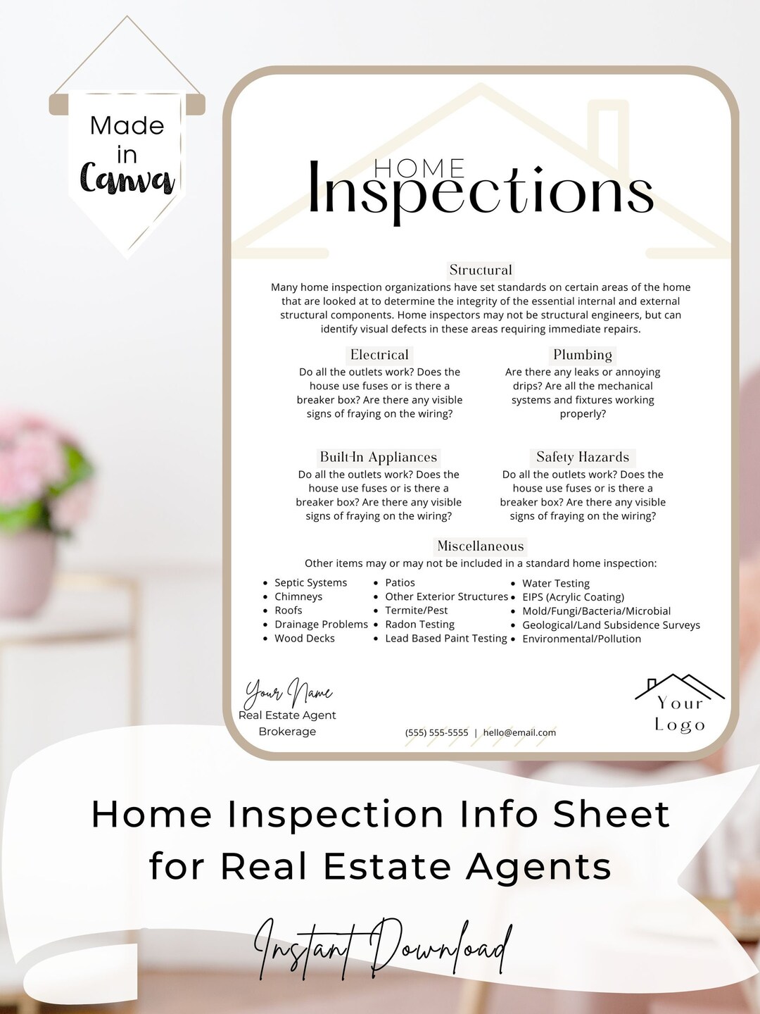Real Estate Home Inspection Sheet: Canva Template for Realtors (digital ...