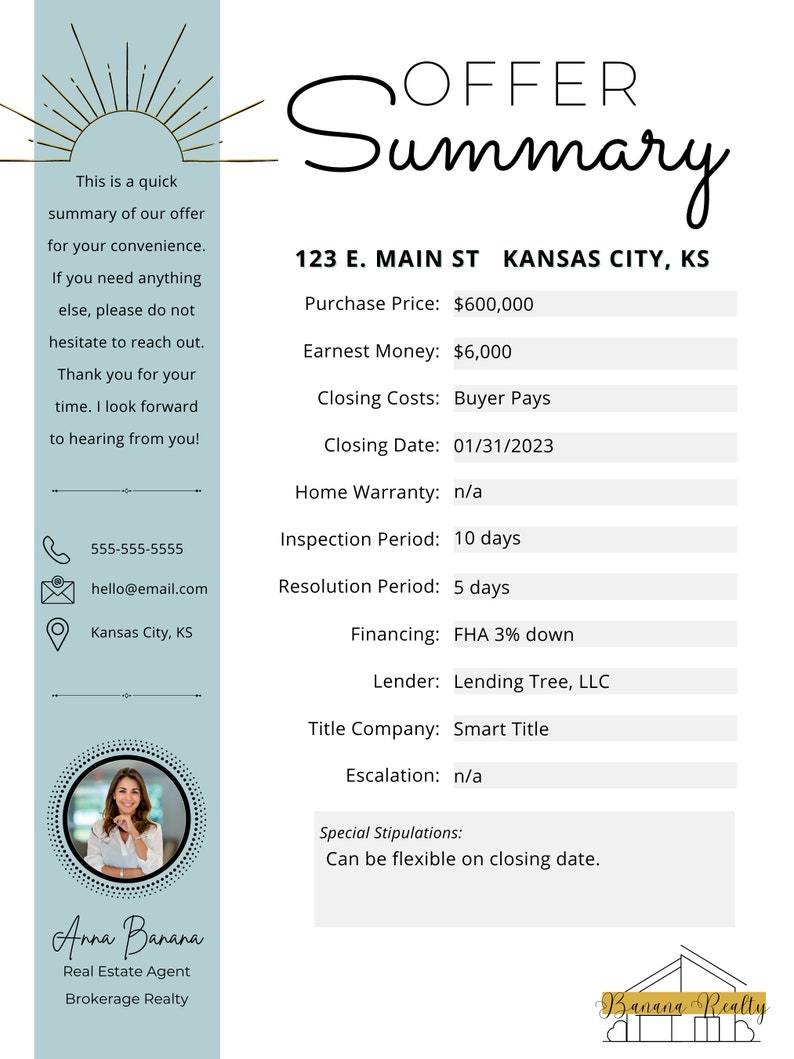 Real Estate Offer Summary Template: Realtor Marketing (canva, Digital ...