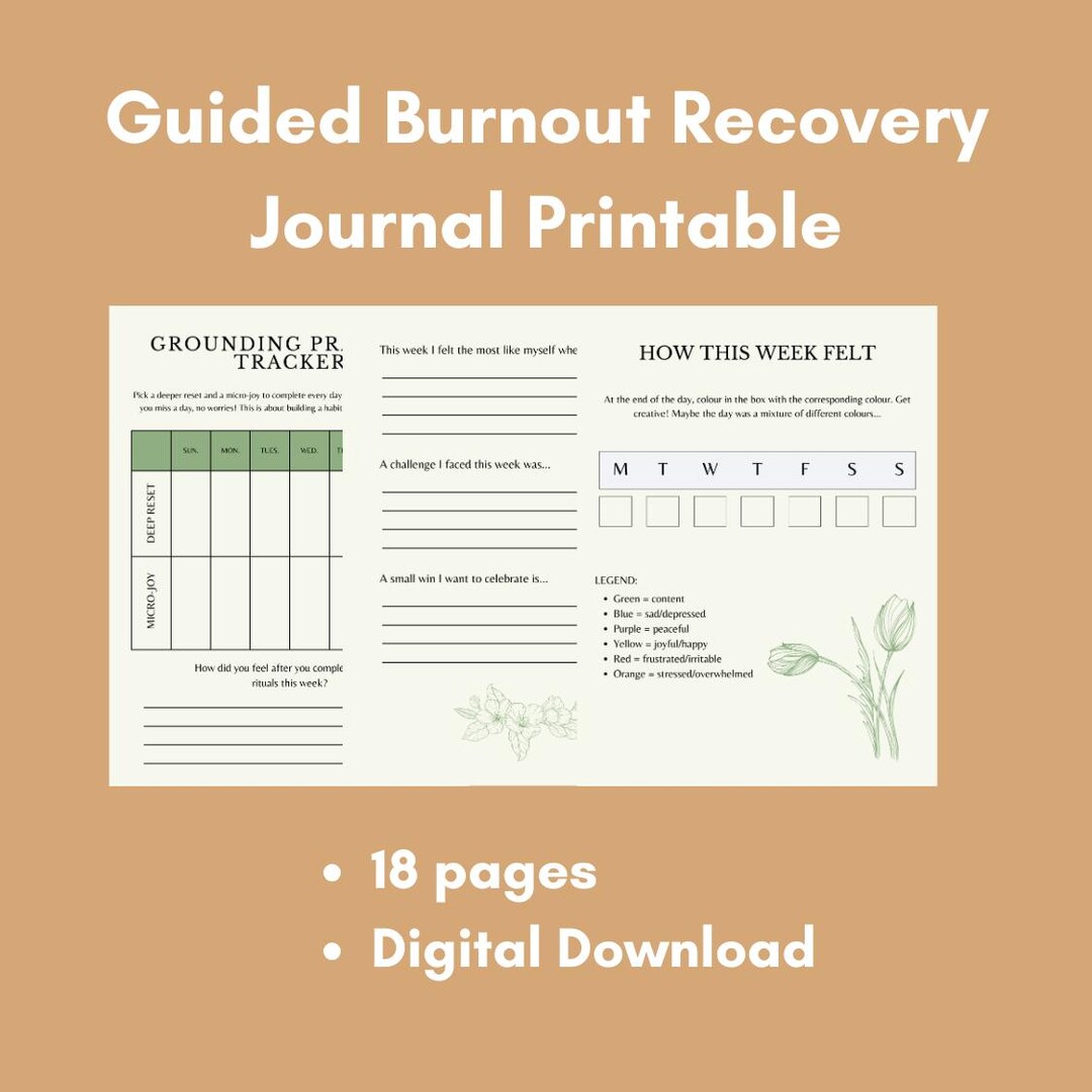 Burnout Recovery Journal | 18-page Digital Self-care Workbook in Sage ...