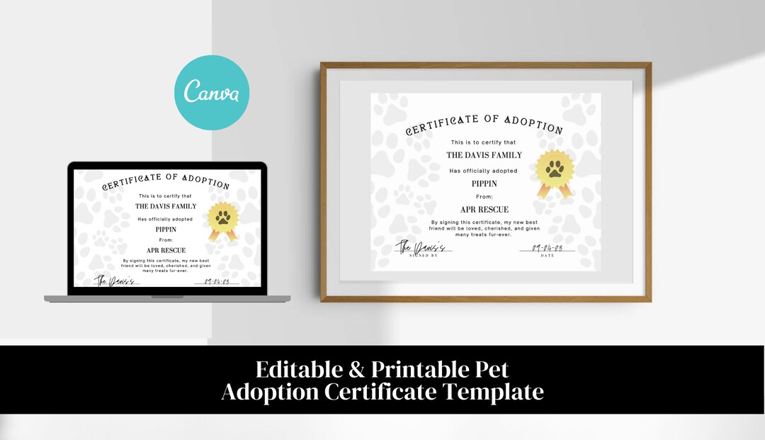 Editable Cat Dog Pet Adoption Certificate, Printable Certificate ...