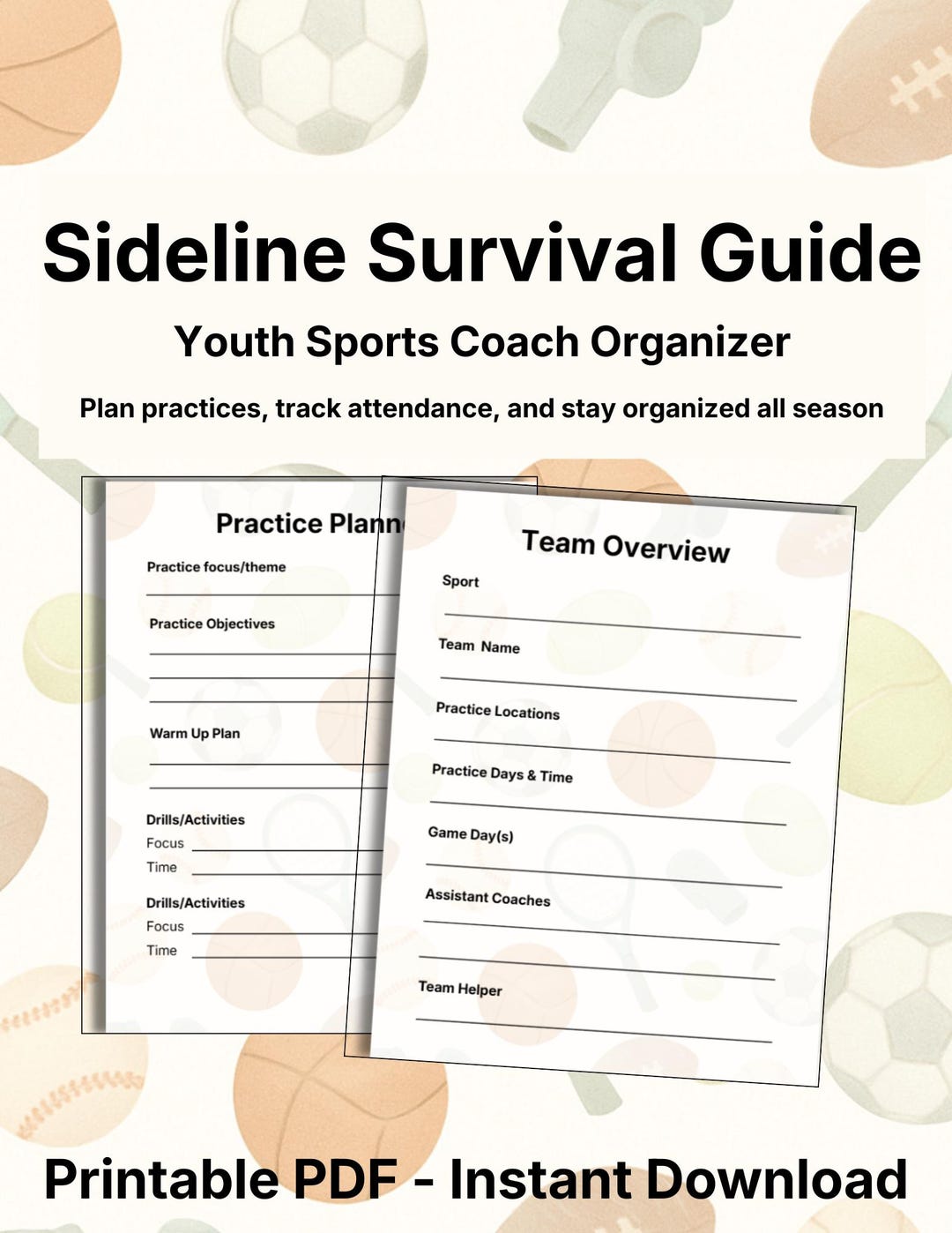 Youth Sports Coach Organizer Printable | Practice Planner, Attendance ...