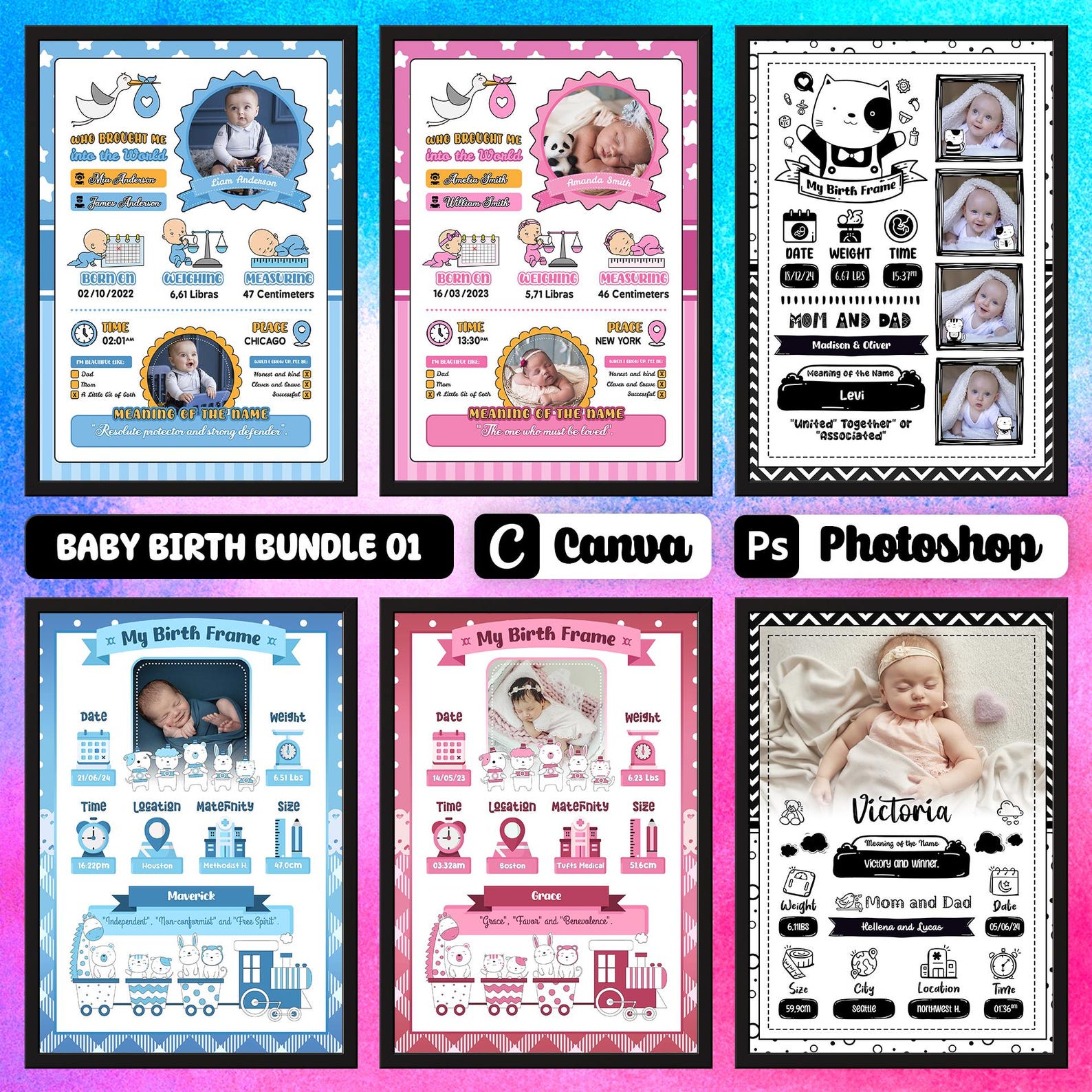 Editable Photo Frame Collage for Canva and Photoshop - Babys Birth ...