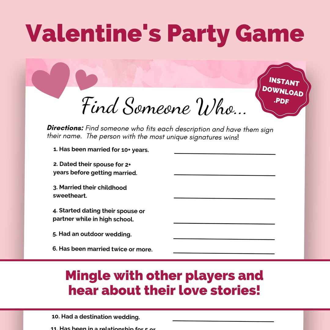 Valentine's Day Game | Printable FIND SOMEONE WHO Ice Breaker Game ...