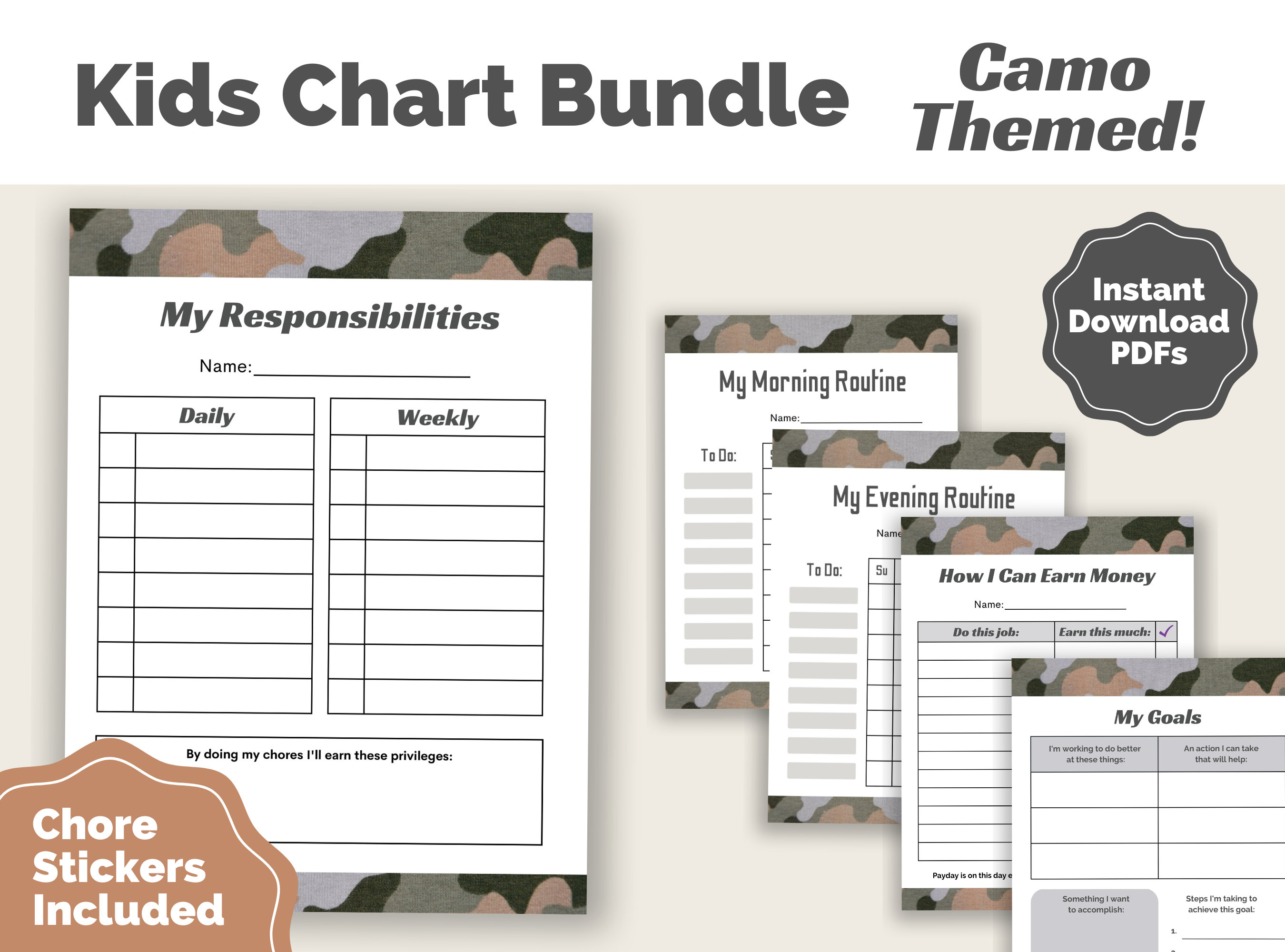 Kids Chart Bundle - Camo Themed | Printable Checklists Including Chore ...