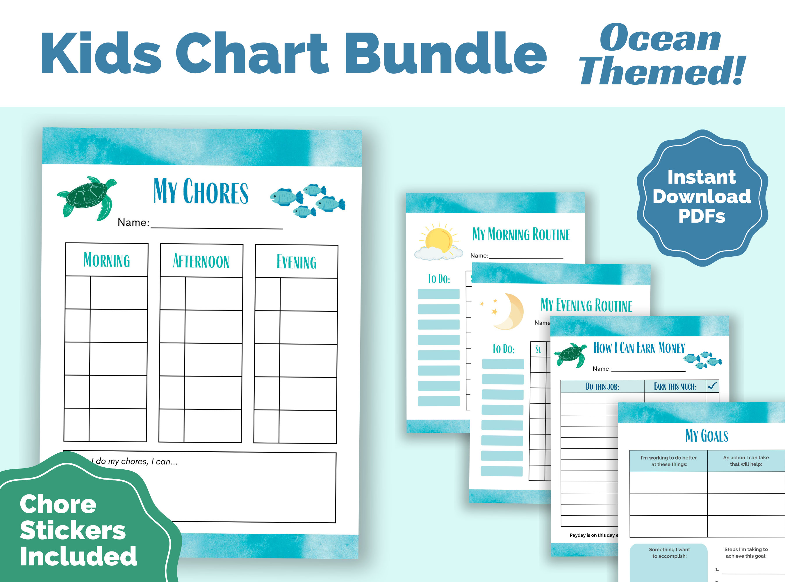 Kids Chart Bundle - Ocean Themed | Printable Checklists Including Chore ...