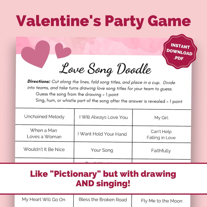 Printable Valentine's Day Game | Pictionary Name That Tune | Party Game ...