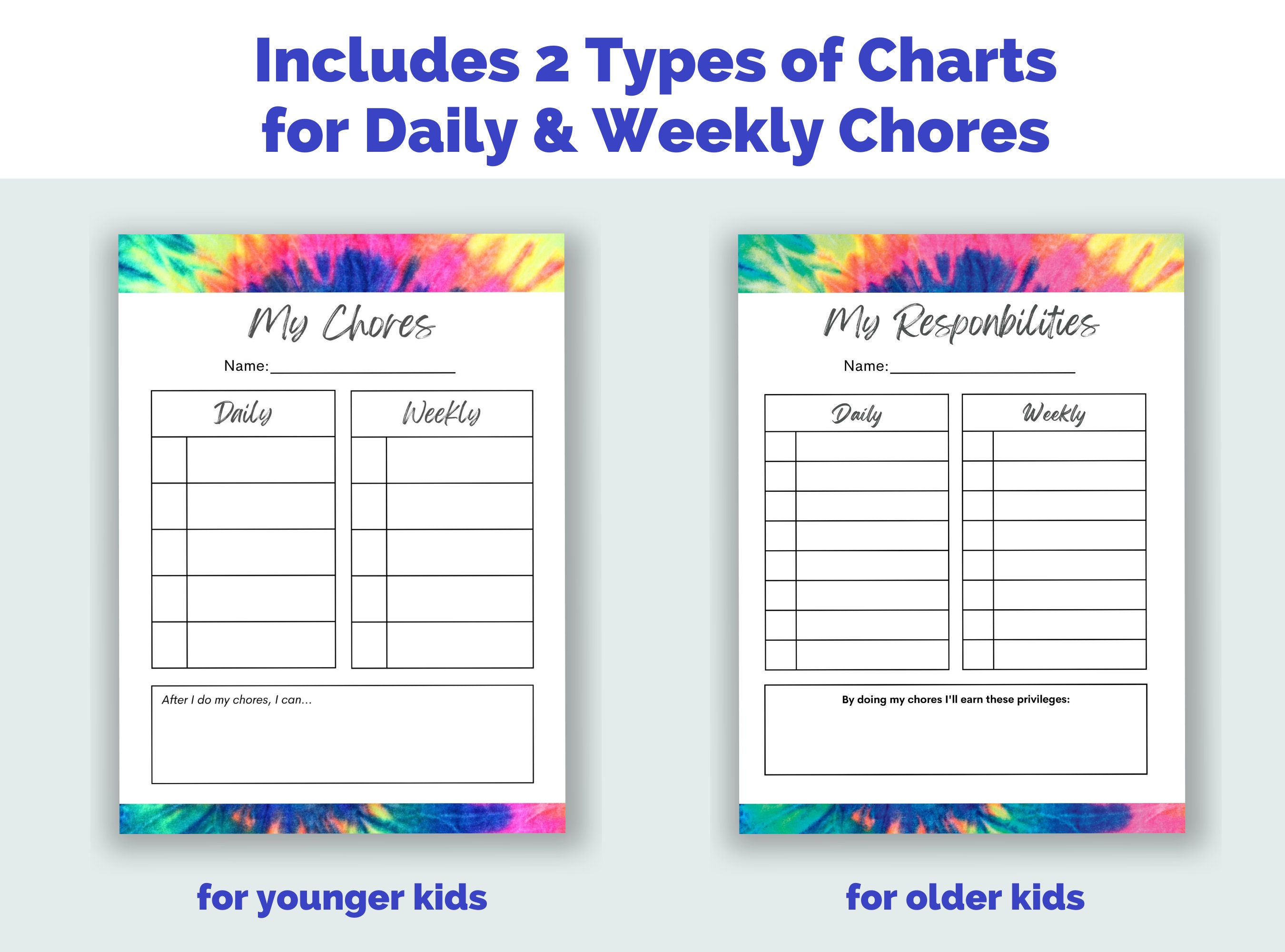 Kids Chart Bundle - Tie Dye Themed | Printable Checklists Including ...