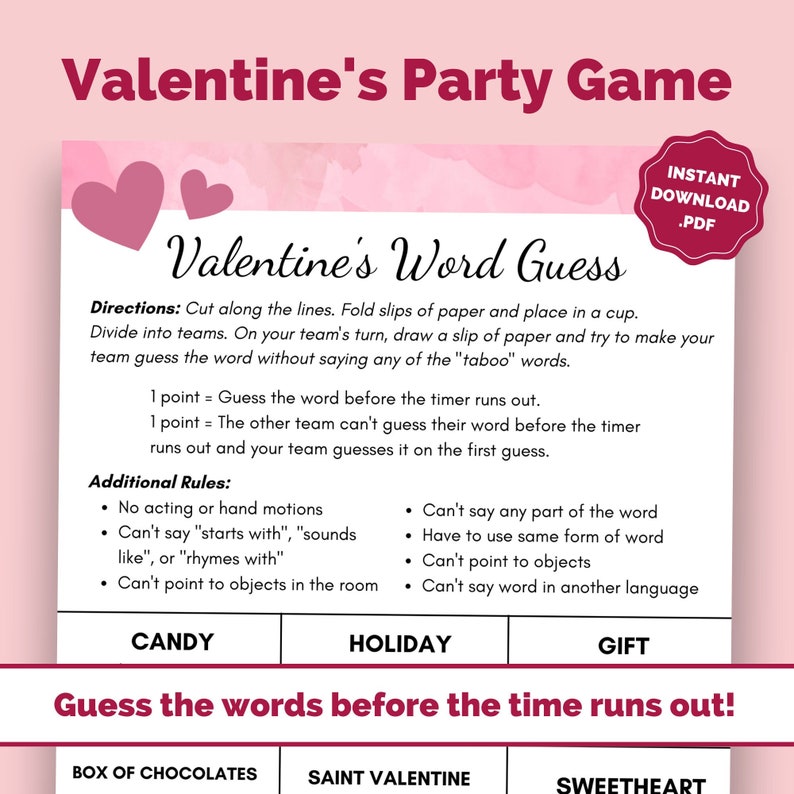 Printable Valentine's Day Game | Taboo Word Guessing Game | Party Game ...