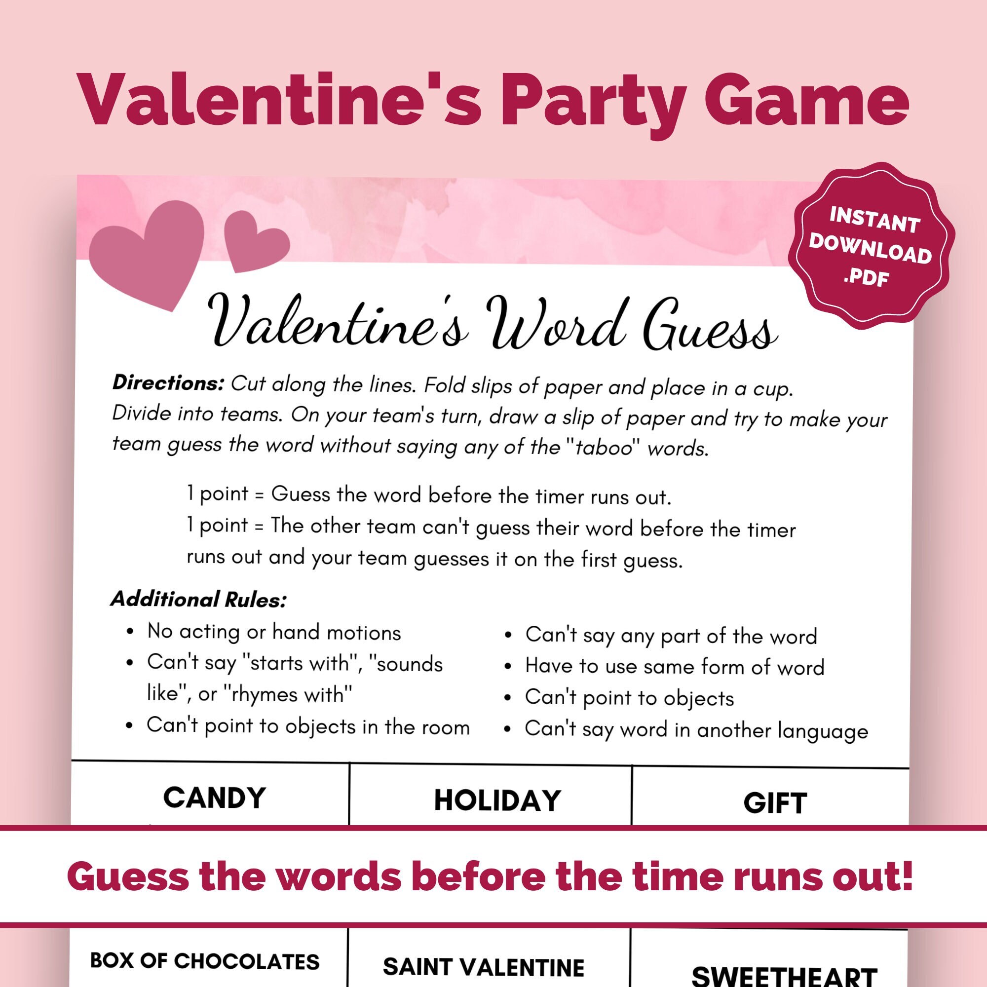 Printable Valentine's Day Game | Taboo Word Guessing Game | Party Game ...