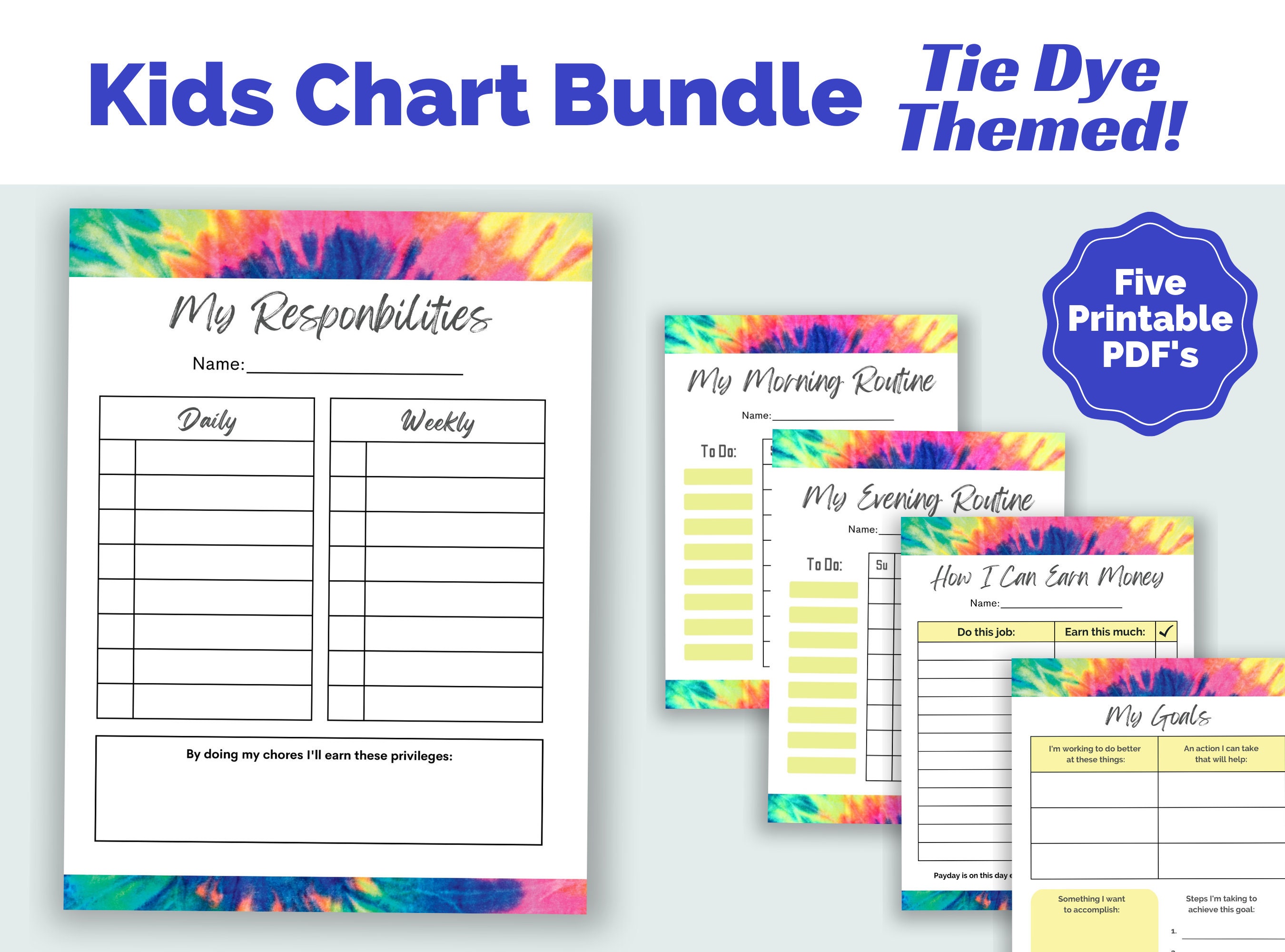 Kids Chart Bundle - Tie Dye Themed | Printable Checklists Including ...