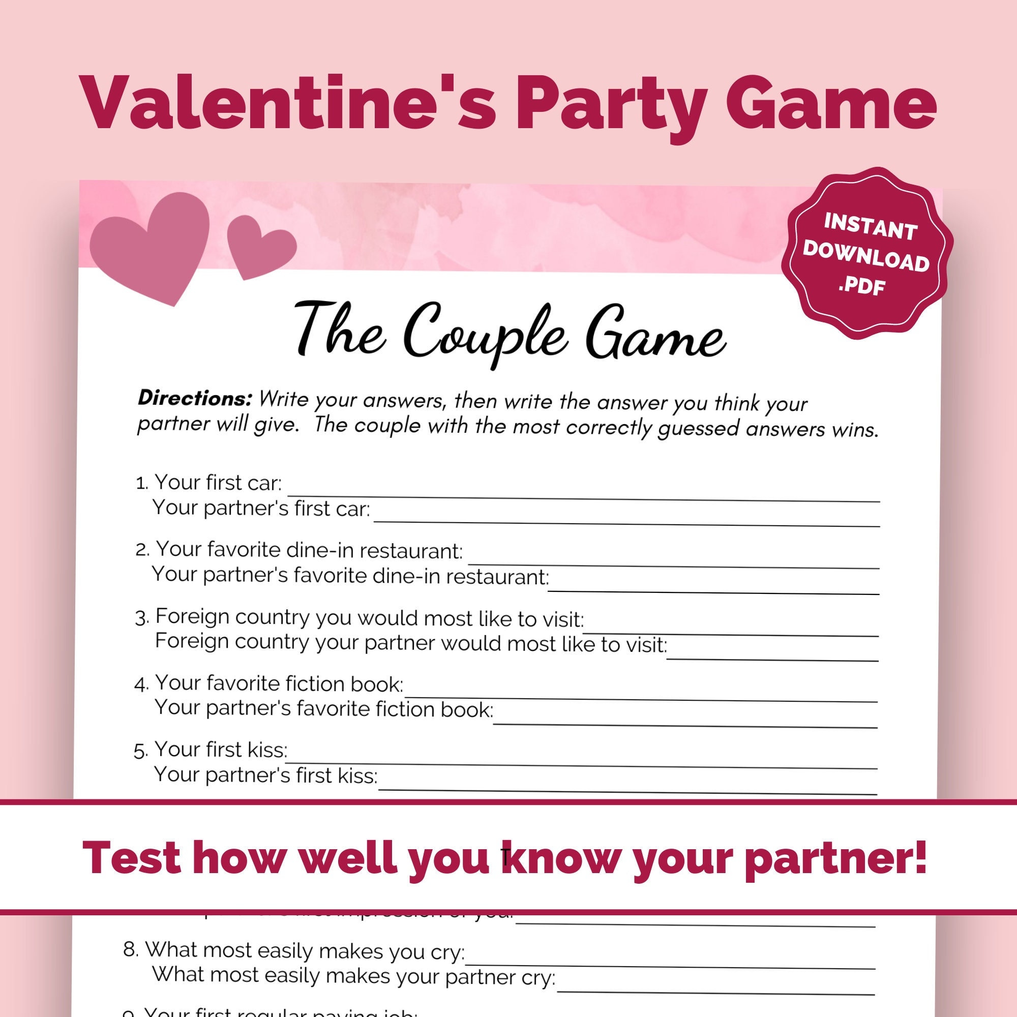 Valentine's Day Game | Printable Newlywed Game | Party Game for Adult ...