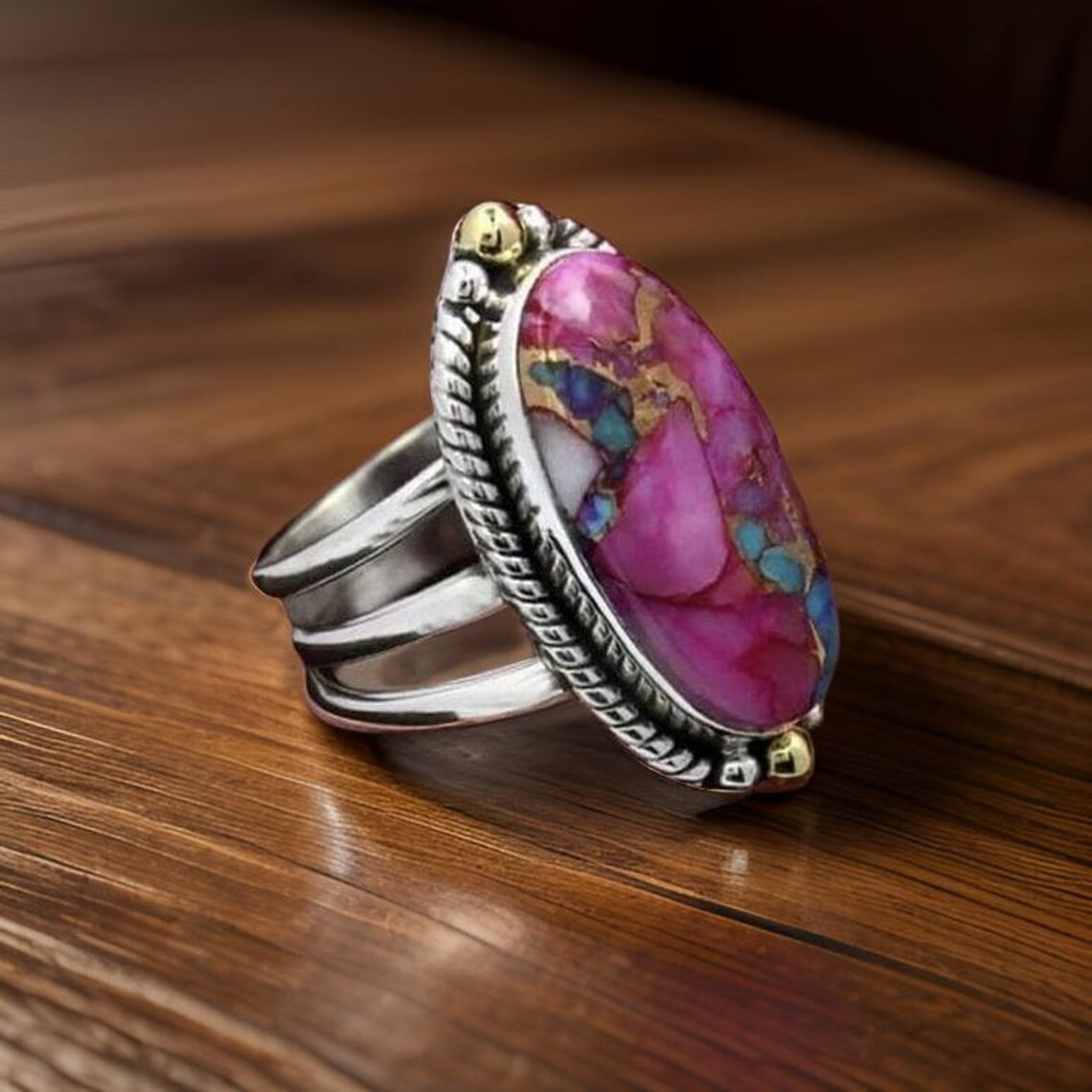 Pink Turquoise Ring, Handmade Silver Band, Kingman Pink Dahlia ...