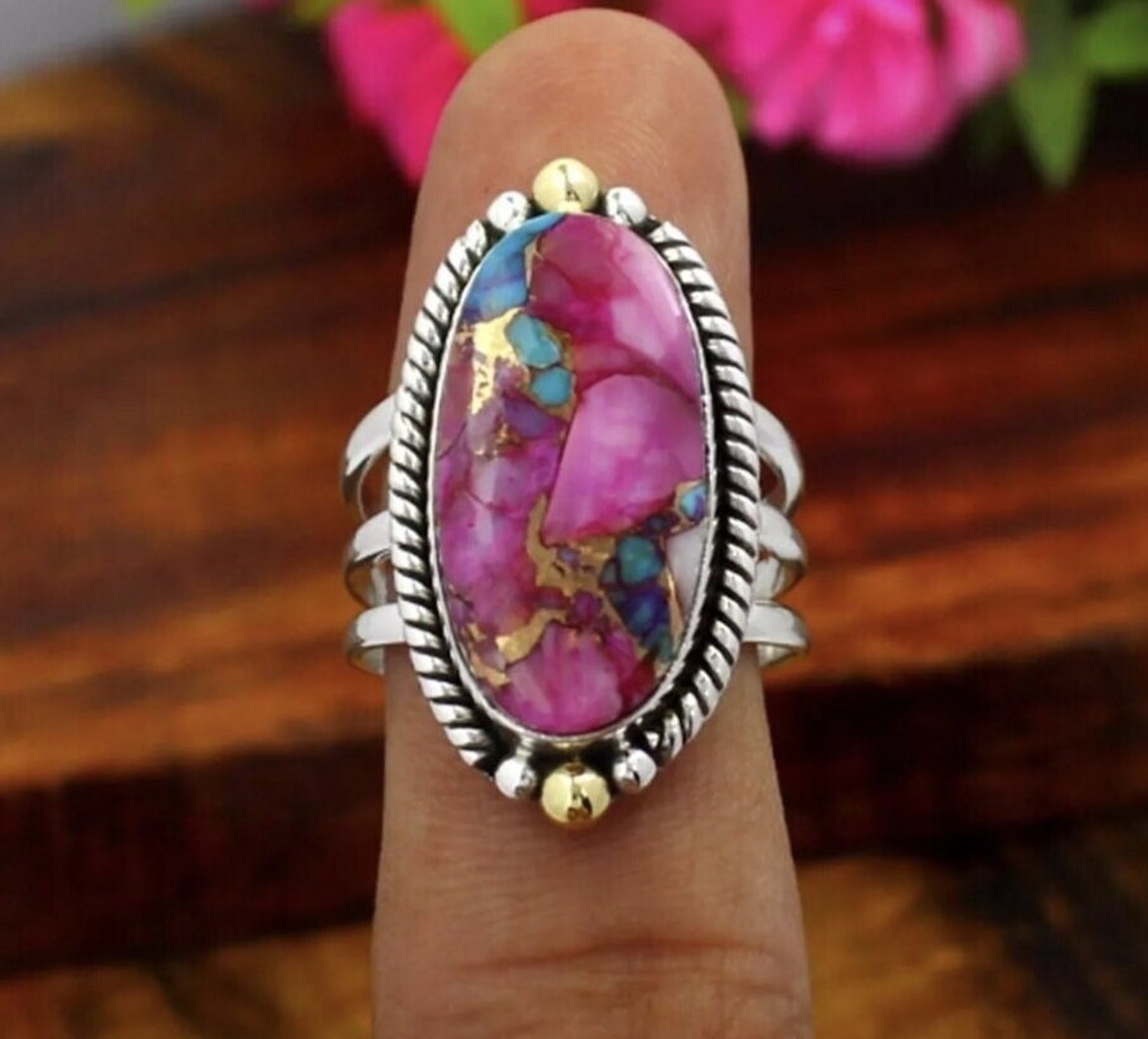 Pink Turquoise Ring, Handmade Silver Band, Kingman Pink Dahlia ...